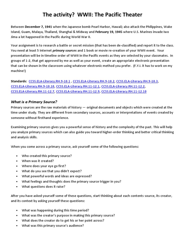 Social Studies: Primary Source War in The Pacific Theater Activity ...