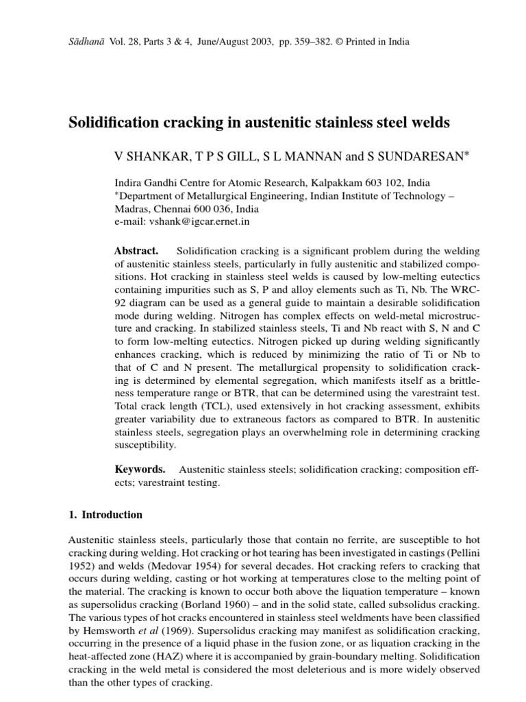 Solidification Cracking in SS Welds Pe1119 | PDF | Steel | Welding