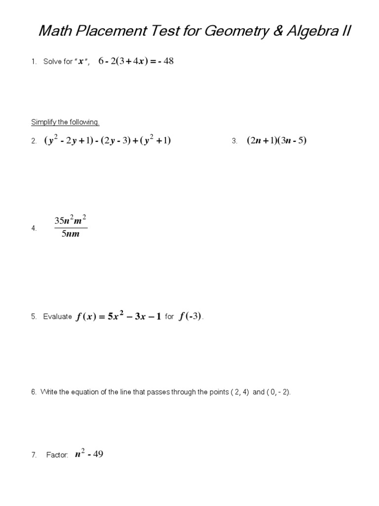 Algebra II Placement Test Overview | PDF | Teaching Methods & Materials