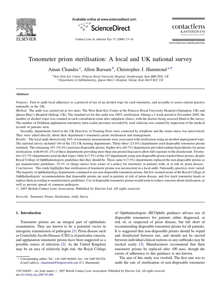 Tonometer Prism Sterilisation | PDF | Ophthalmology | Sterilization ...