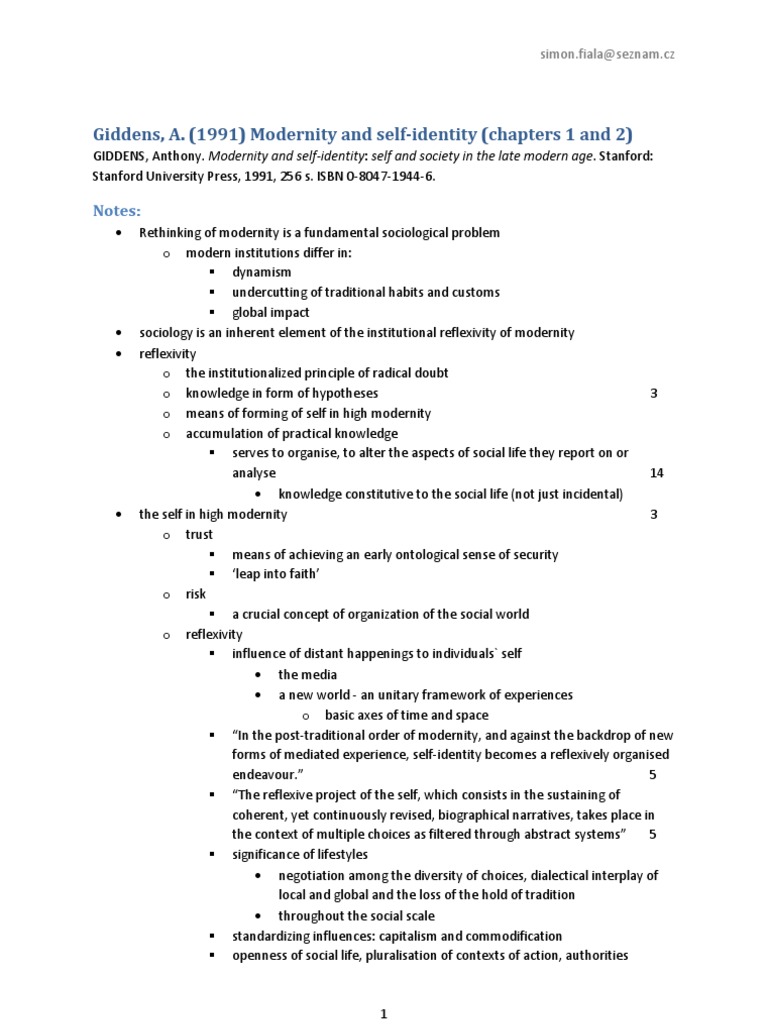 Notes - Giddens (1991) Modernity and Self-Identity | PDF | Reflexivity ...