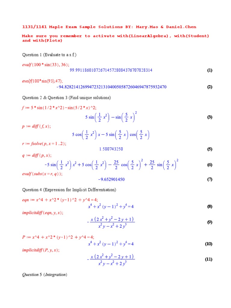 1131 and 1141 Maple Exam Sample Solutions | PDF | Matrix (Mathematics ...