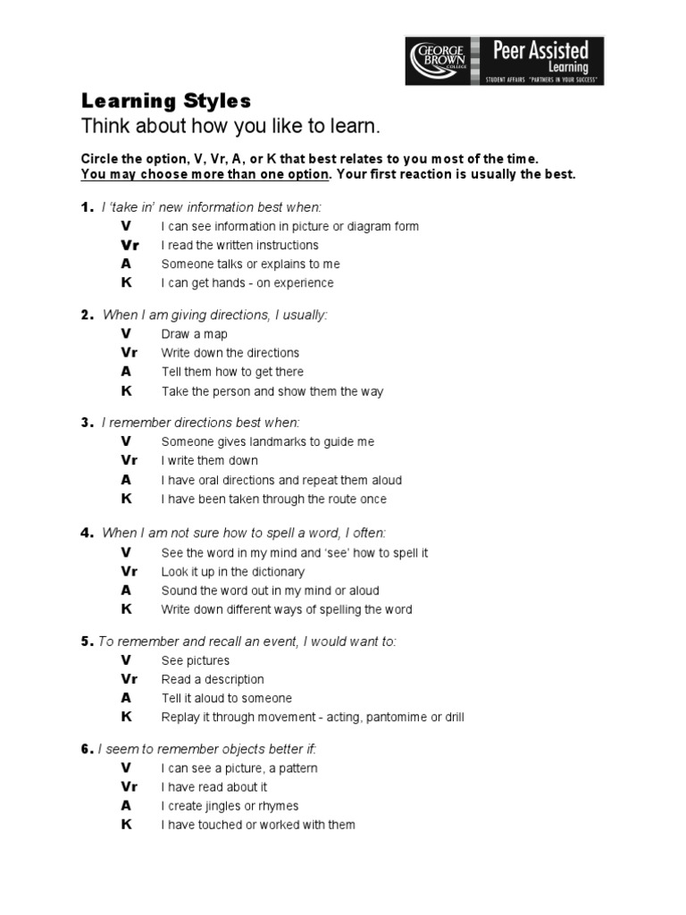 Learning Styles Test | PDF | Learning Styles | Reading (Process)