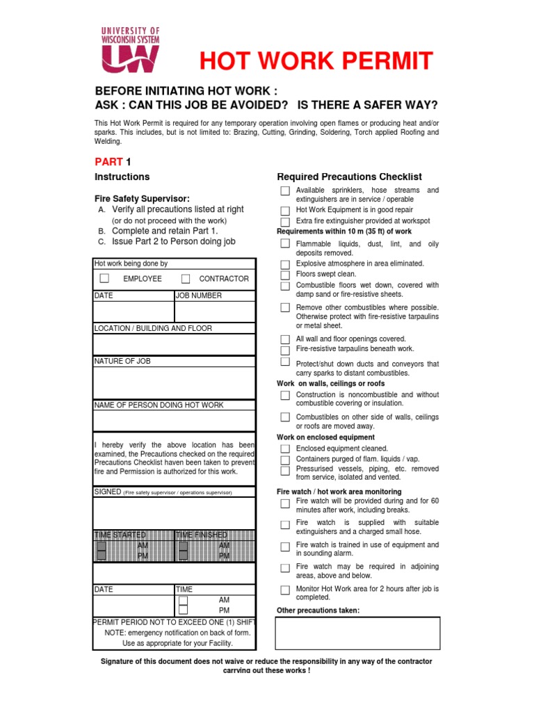Hot Work Permit Safety Checklist | PDF | Fire Safety | Fires