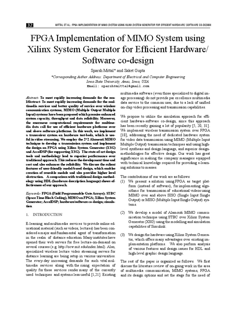 Fpga Implementation Of Mimo System Using Xilinx System Generator For Efficient Hardware