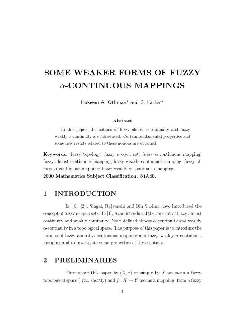 Somw Weaker Forms Fuzzy Alpha Continuous Mapping | PDF | Continuous Function | Compact Space