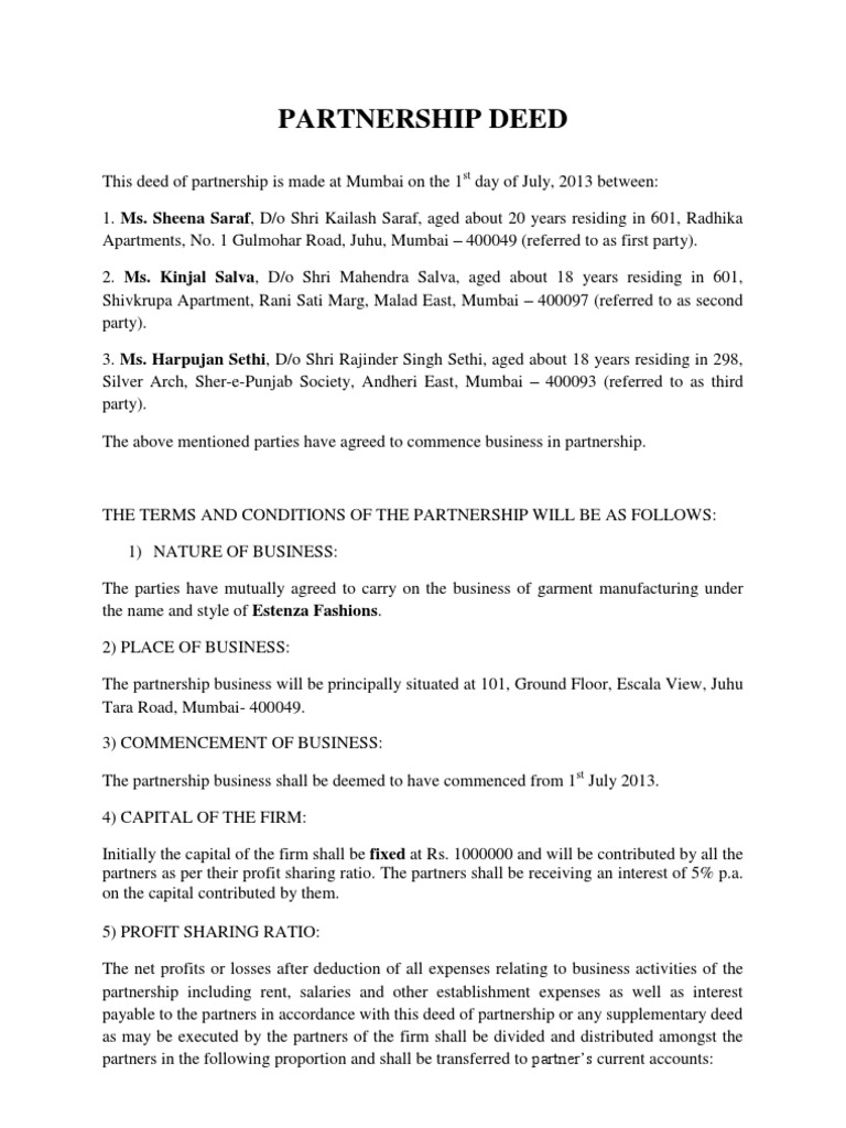 Partnership Deed Final | Download Free PDF | Income Tax In India ...