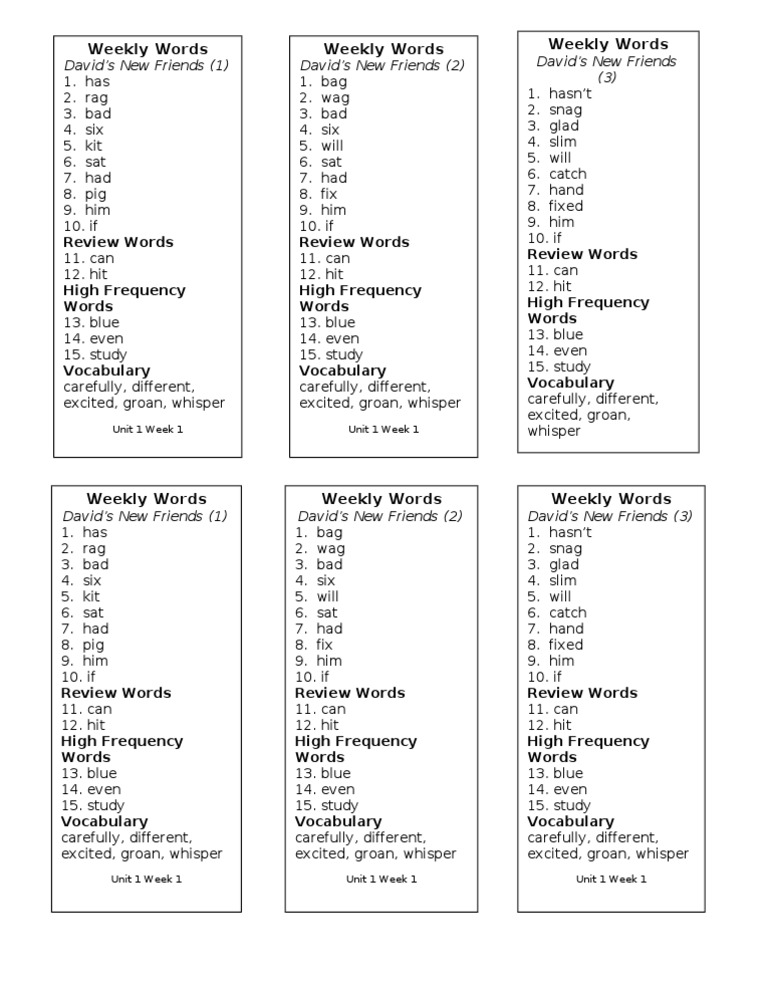Weekly Vocabulary: David’s Friends | PDF