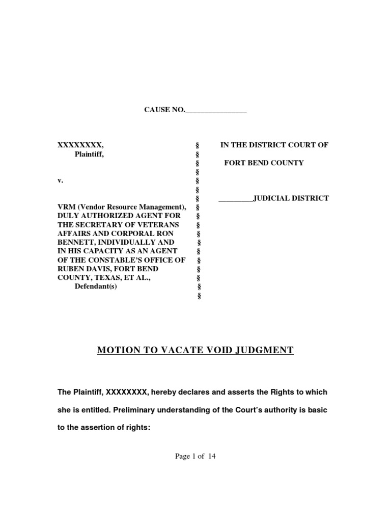 Motion To Vacate Void Judgment | PDF | Judgment (Law) | Standing (Law)
