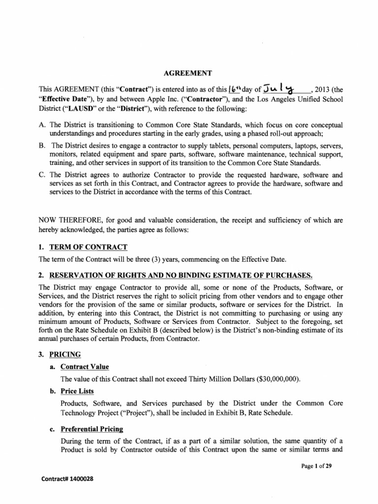 Apple-LAUSD Ipad Contract - Signed FINAL 7/16 | PDF | General ...