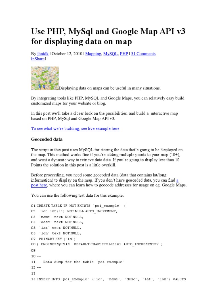 Use PHP, MySql and Google Map API v3 For Displaying Data On Map | PDF | Php | Java Script