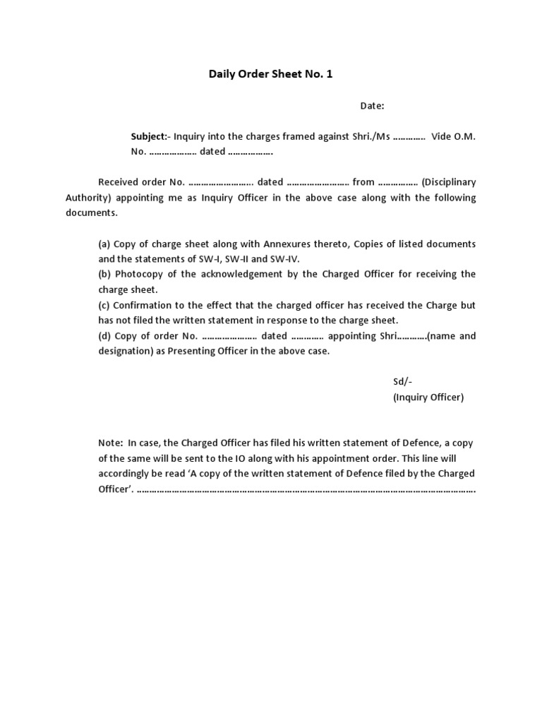 Daily Order Sheet No 1 | PDF