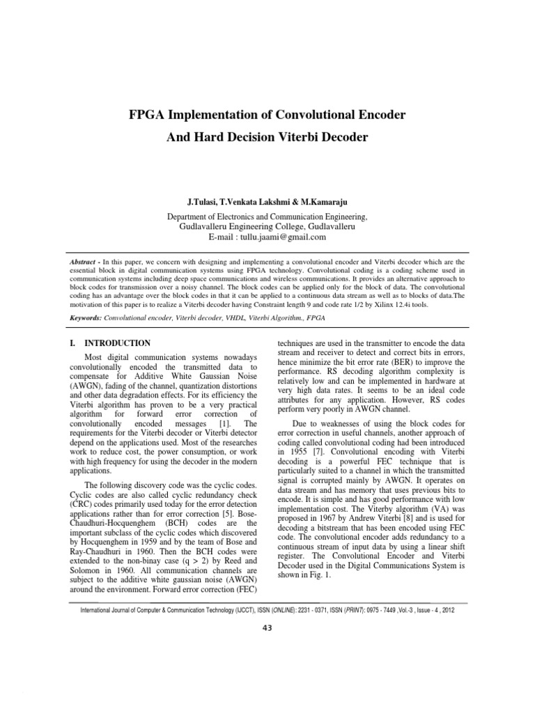 Fpga Implementation Of Convolutional Encoder And Hard Decision Viterbi Decoder Pdf Error