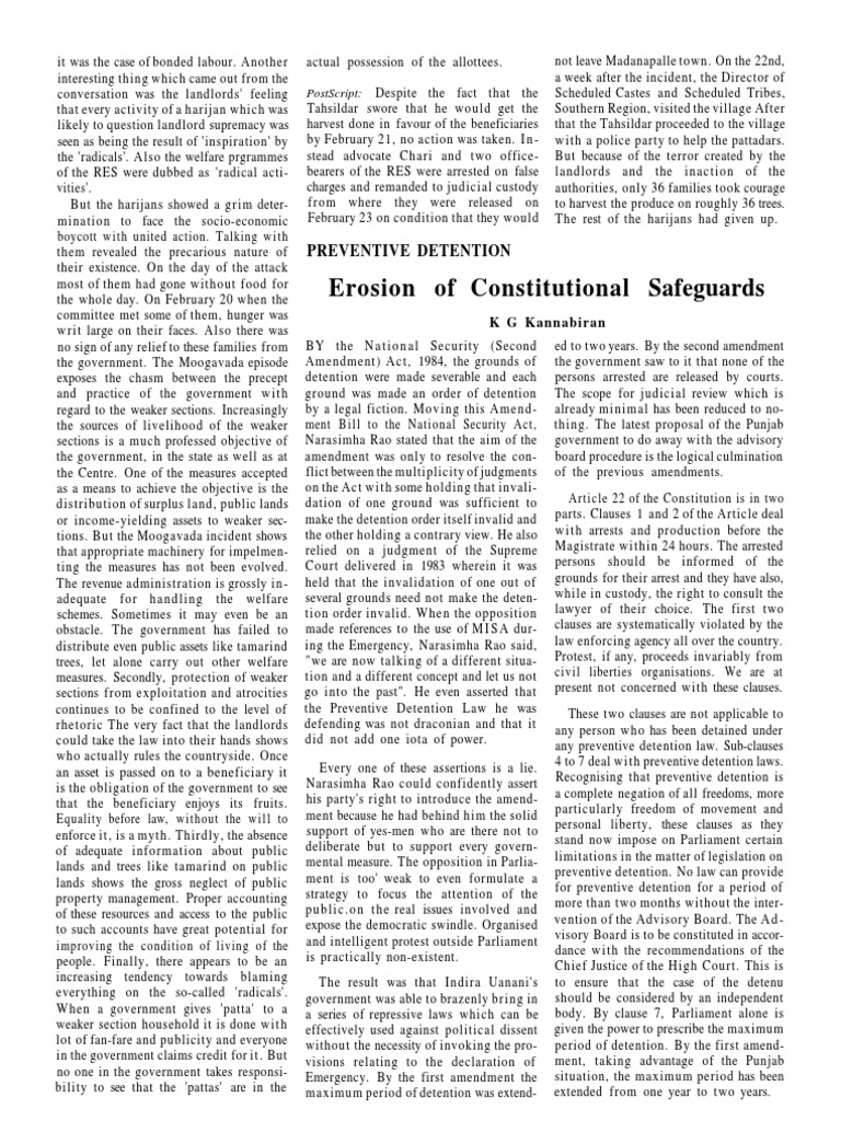 PREVENTIVE DETENTION Erosion of Constitutional Safeguards | PDF ...