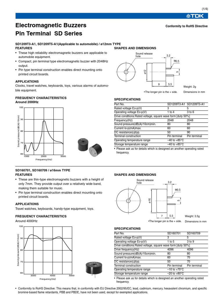 Electromagnetic Buzzers Pin Terminal SD Series: Conformity To Rohs ...