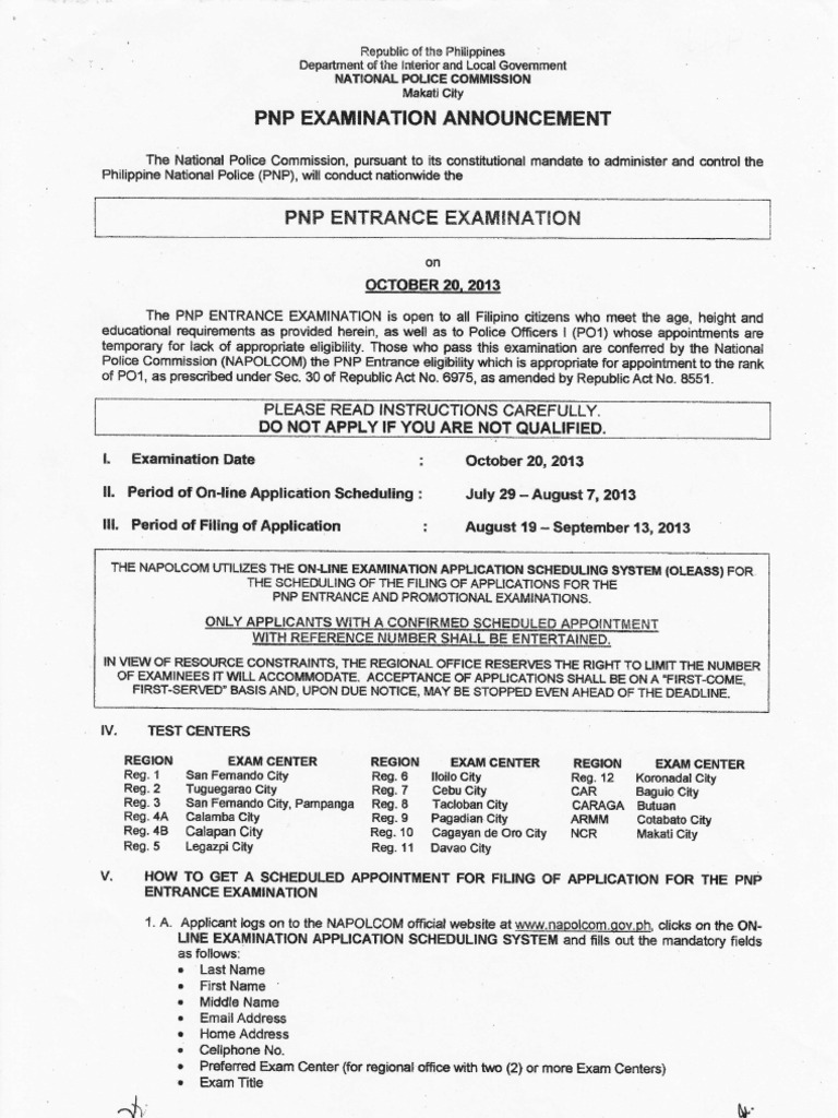 PNP Entrance Exam Requirements - Oct 2013 | Test (Assessment) | Service ...