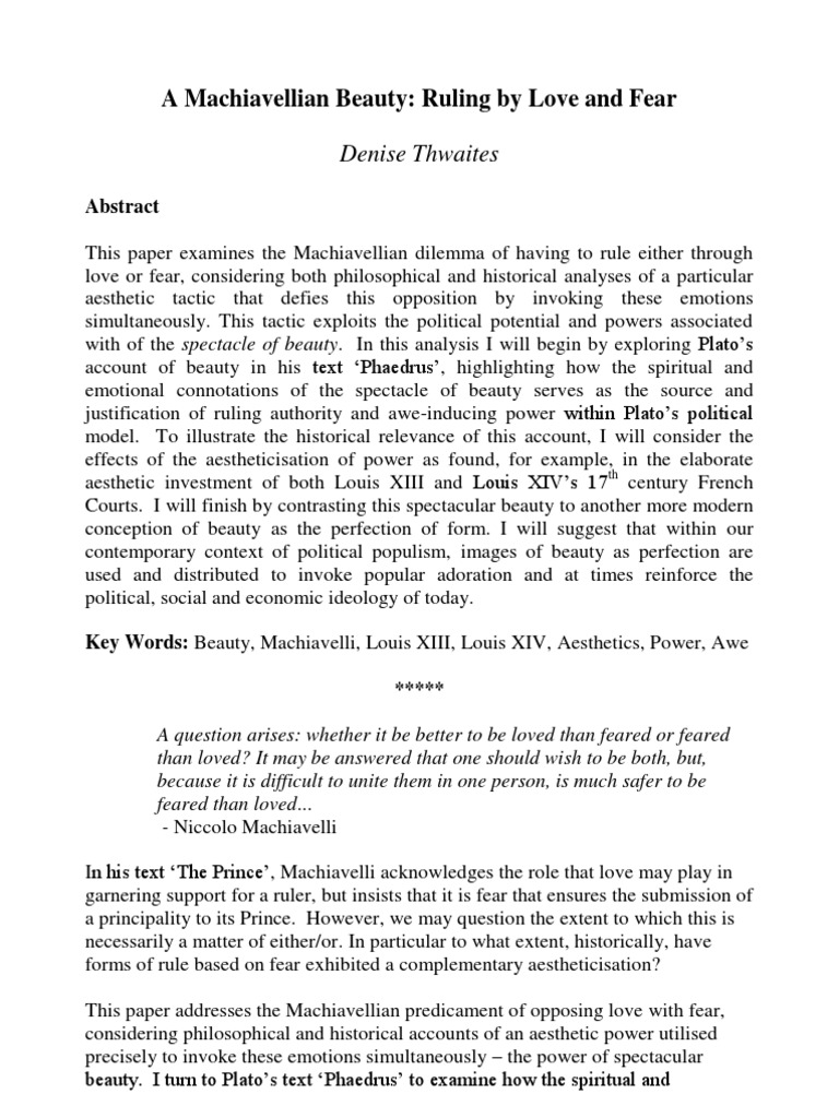 A Machiavellian Beauty-Ruling by Either Love or Fear | PDF | Niccolò ...