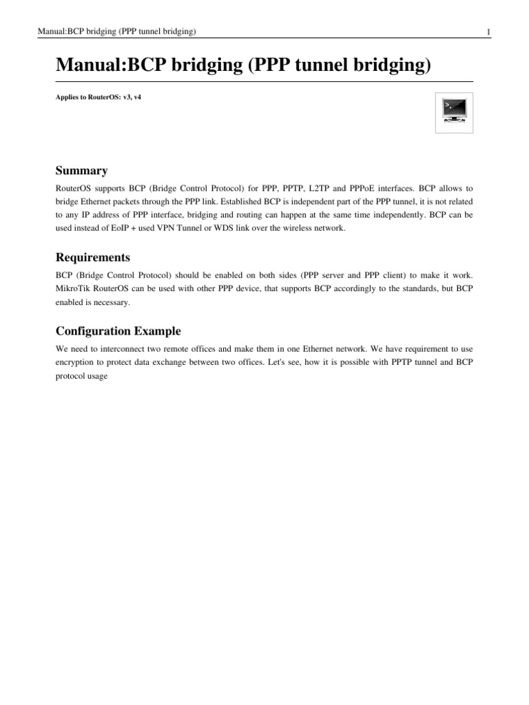 Manual:Bcp Bridging (PPP Tunnel Bridging) : Applies To Routeros: V3, V4 | Download Free PDF ...