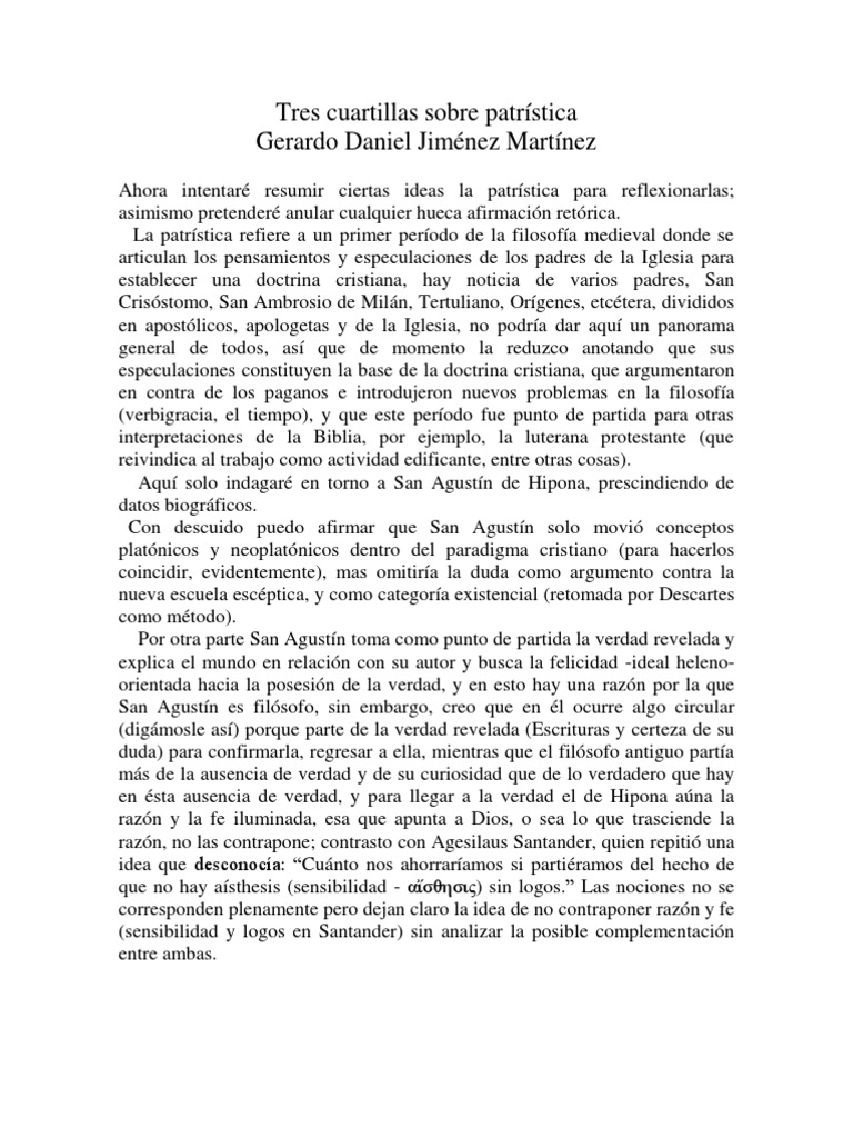 Tres Cuartillas Sobre Patrística | PDF | Agustín De Hipopótamo | Padres ...