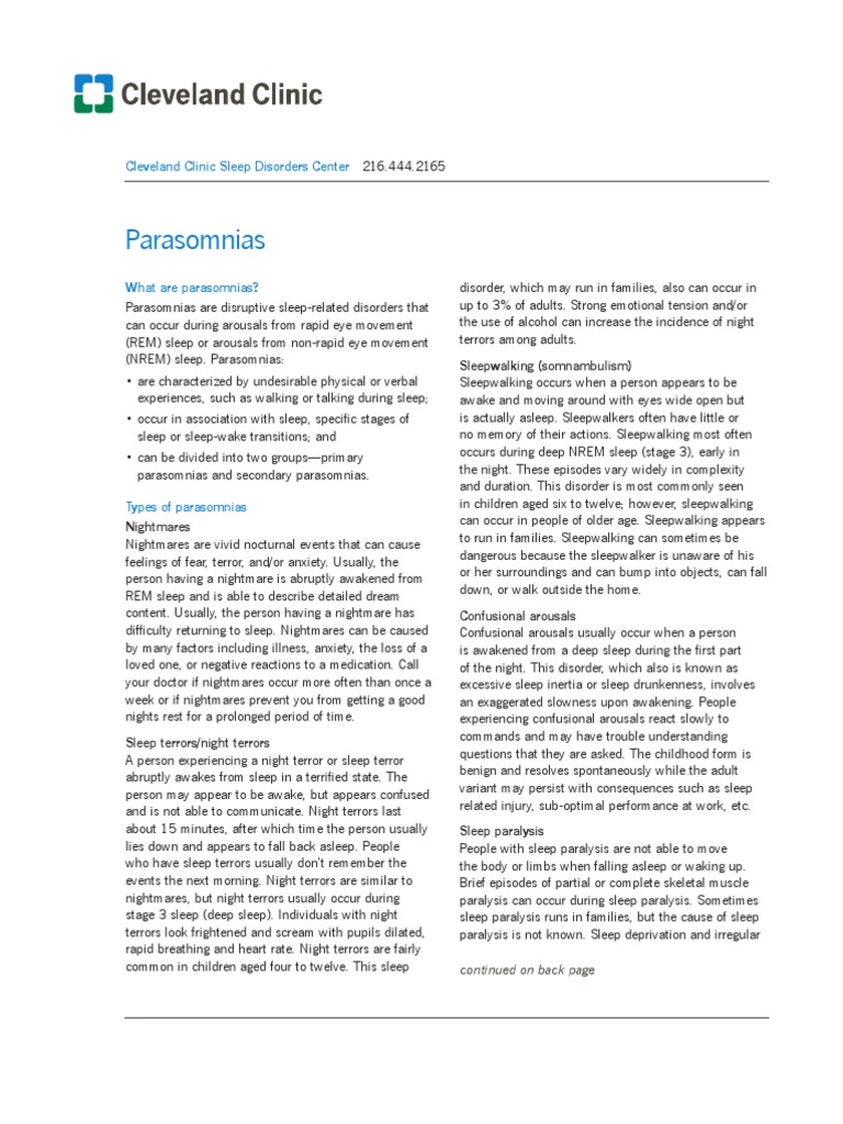 Parasomnias: Cleveland Clinic Sleep Disorders Center | PDF | Sleep ...