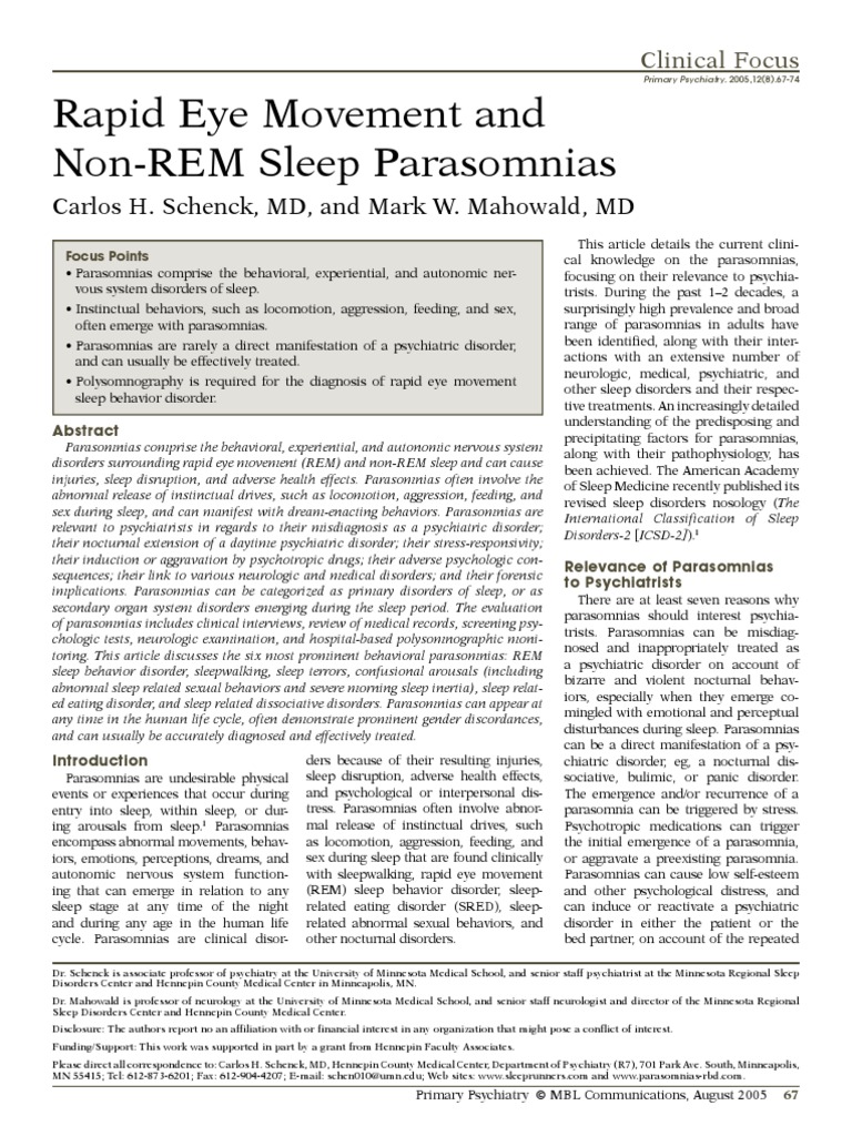 Rapid Eye Movement and Non-REM Sleep Parasomnias: Carlos H. Schenck, MD ...