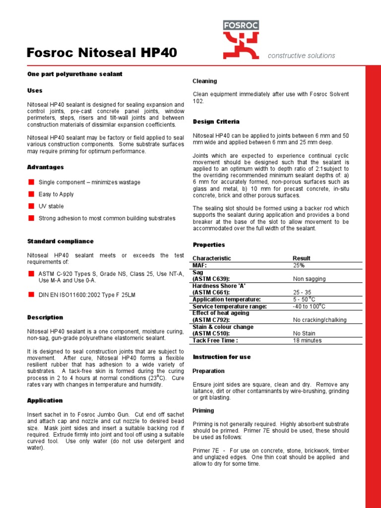 Fosroc Nitoseal HP40: Constructive Solutions | PDF | Water | Concrete