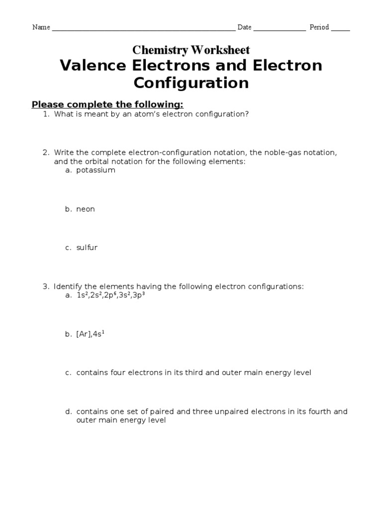 Valence Electron Worksheet Atomic Structure And The Periodic Table