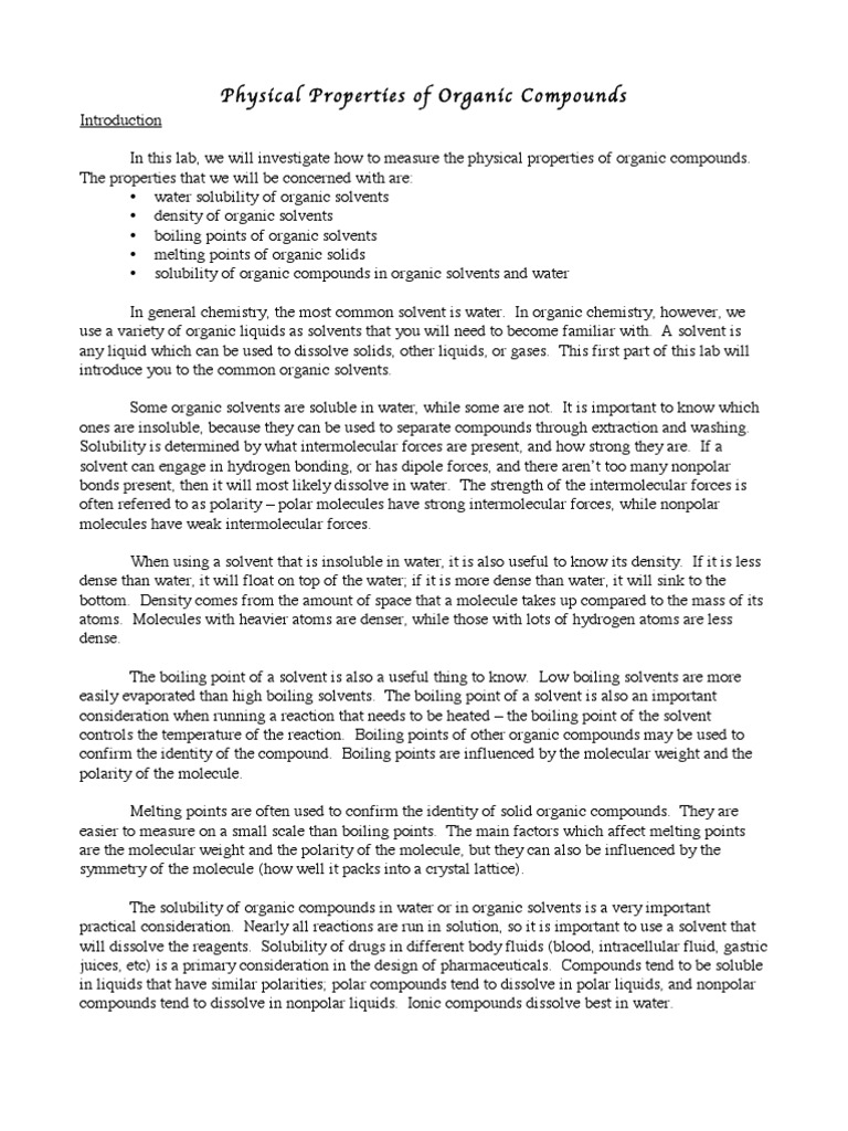 Physical Properties of Organic Compounds 1 | PDF | Solvent | Solubility