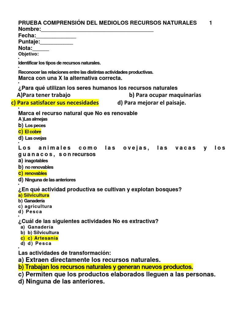 Prueba de Recursos Naturales 2 | PDF | Agricultura | Los bosques