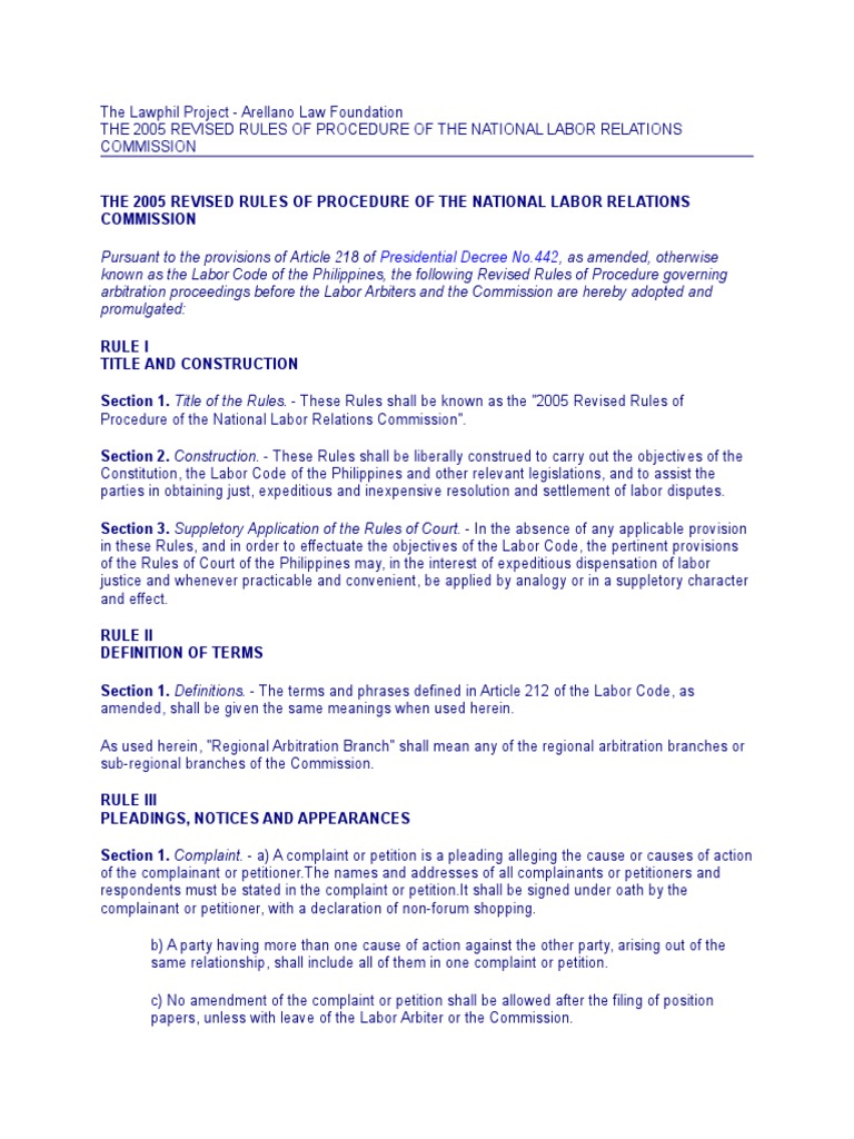 2005 Revised Rules of Procedure in NLRC | PDF | Arbitration | Complaint