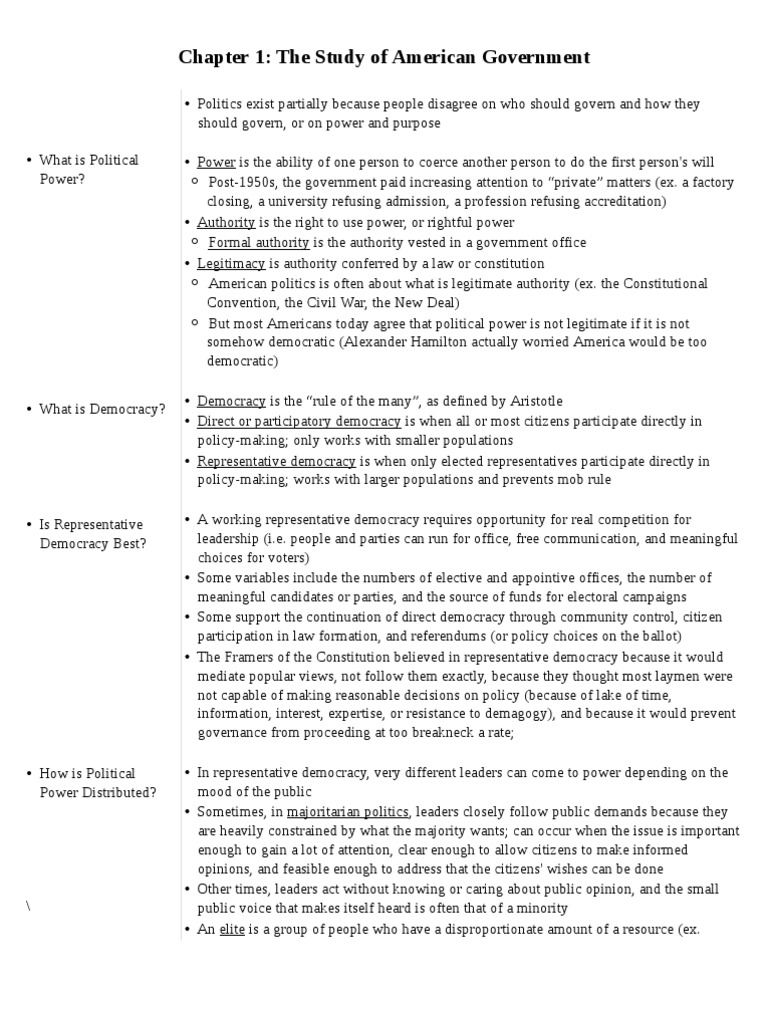 AP US Government Chapter 1 Notes | PDF | Elite | Democracy