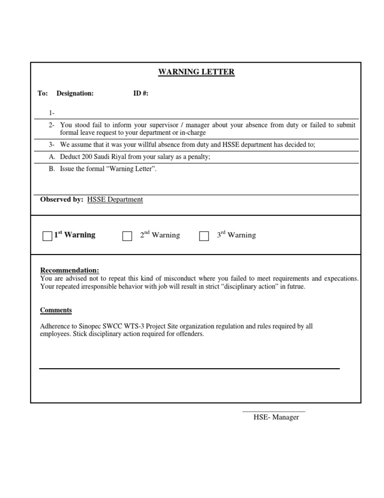 Warning Letter: To: Designation: Id # | PDF