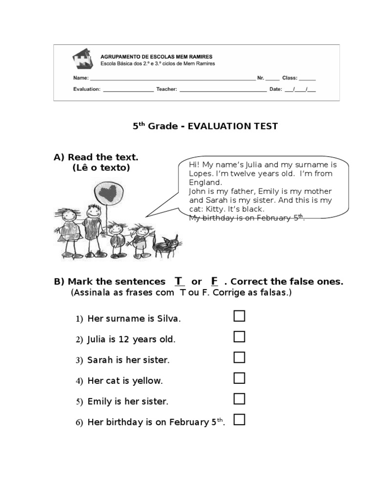 5th Grade Evaluation Test Template | PDF