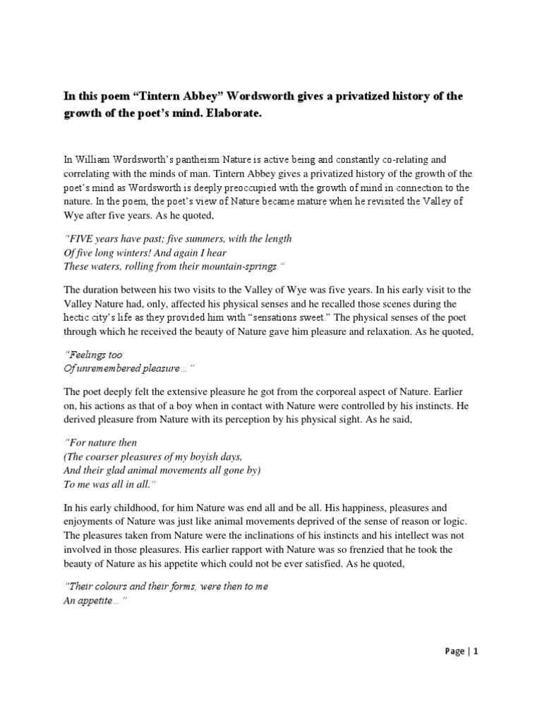 Wordsworth's Growth in "Tintern Abbey" | PDF | William Wordsworth | Mind