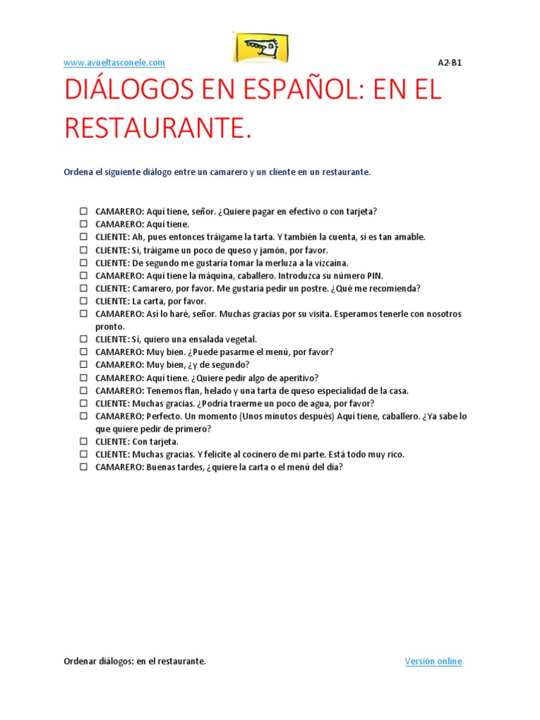 Dialogos en Español: en El Restaurante | PDF | Restaurante y Catering