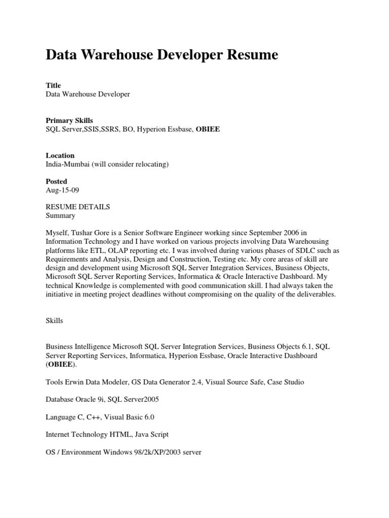 Data Warehouse Developer Resume | PDF | Microsoft Sql Server | Databases
