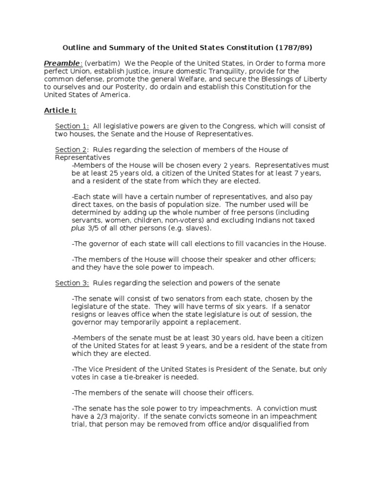 Outline and Summary of US Constitution | PDF | Presidents Of The United ...