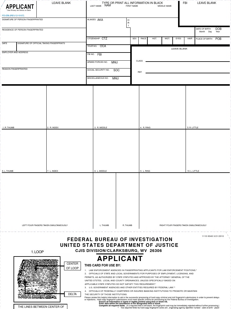 Applicant FD 258 | PDF | Fingerprint | Federal Bureau Of Investigation