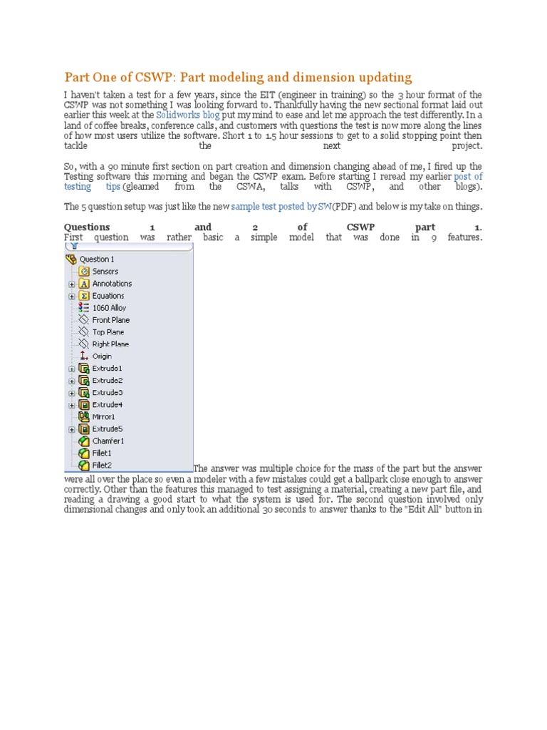 Part One of CSWP: Part Modeling and Dimension Updating: Solidworks Blog ...