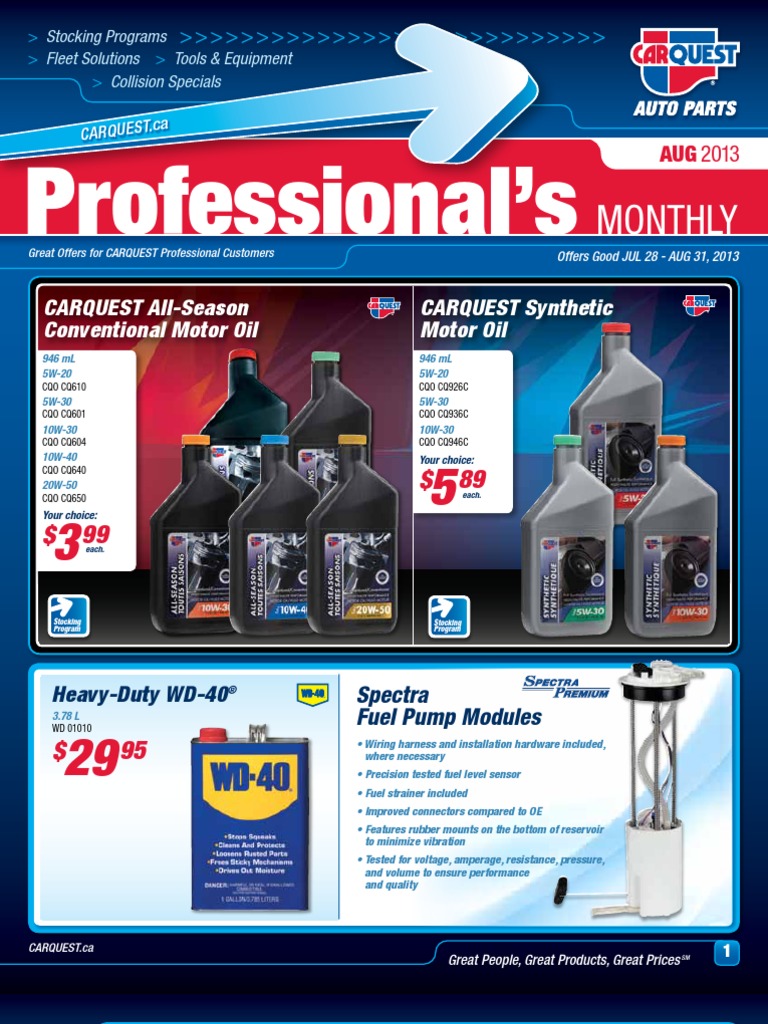 August Professional's Monthly Specials From CARQUEST | PDF | Motor Oil ...