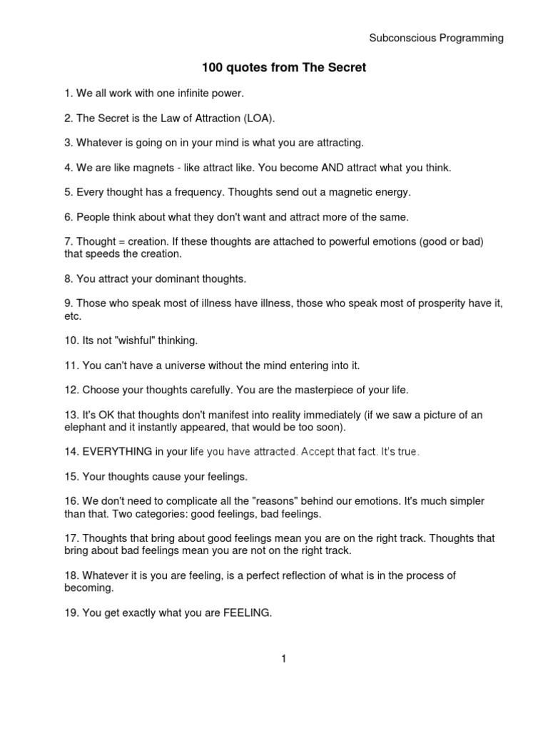 100 Quotes From The Secret | PDF | Law Of Attraction (New Thought ...