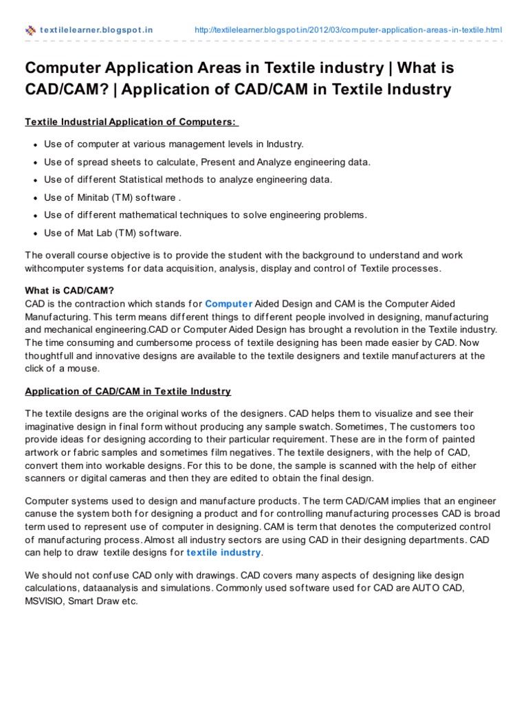 Application of CADCAM in Textile Industry | PDF | Computer Aided Design ...