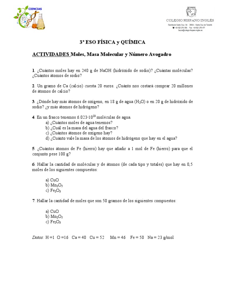 7 Ejercicios Moles y Atomos | PDF | Ciencia y matemáticas