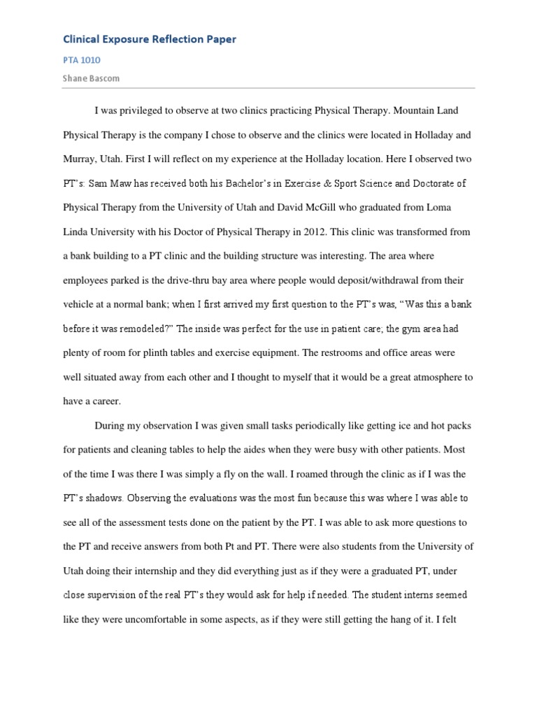 clinical exposure reflection paper | Physical Therapy | Medicine