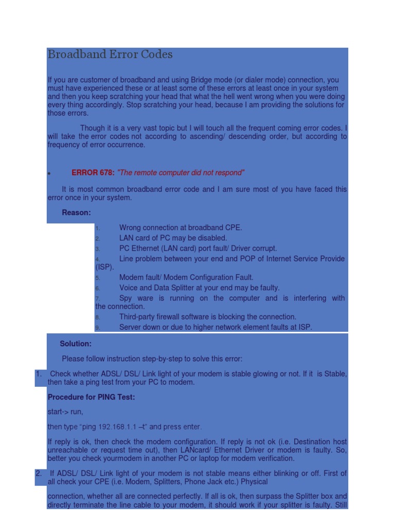 A Comprehensive Guide to Resolving Common Broadband Error Codes | PDF ...