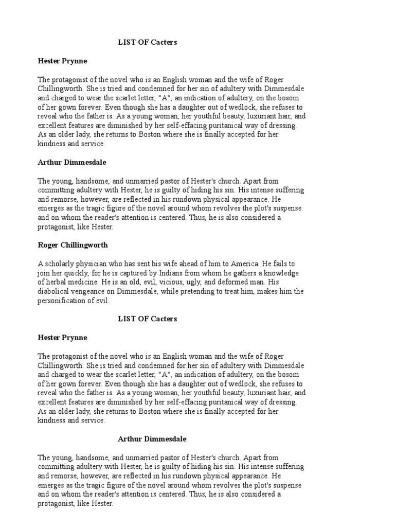 LIST OF Cacters Hester Prynne | PDF | The Scarlet Letter