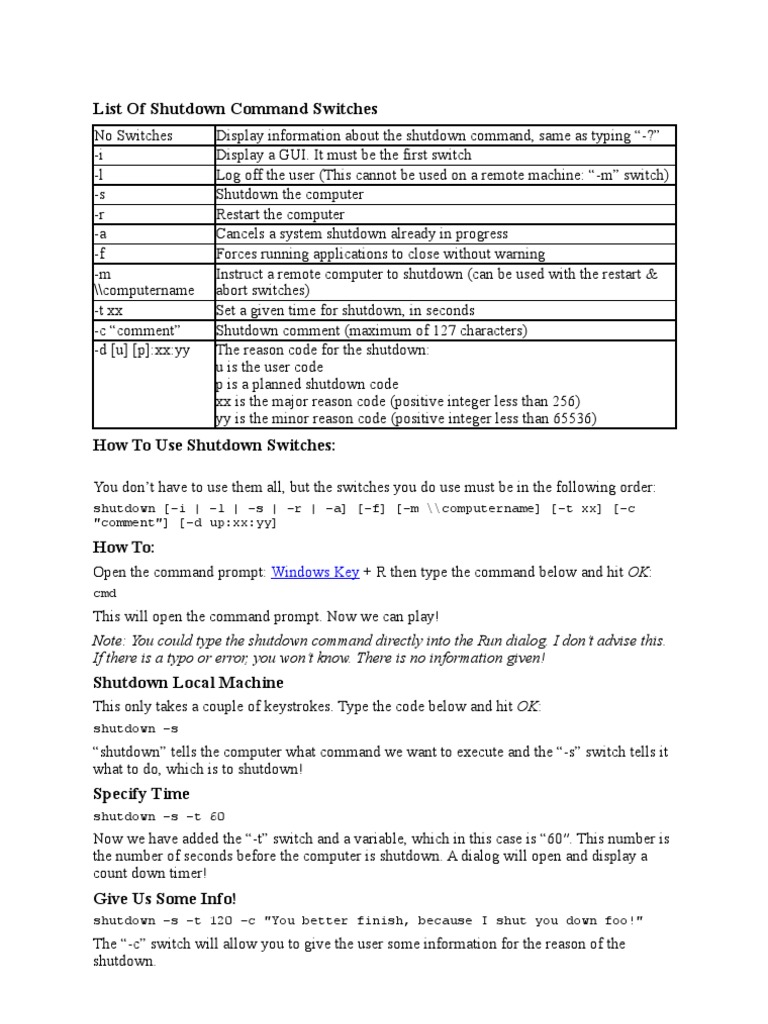 List of Shutdown Command Switches | PDF | Command Line Interface ...