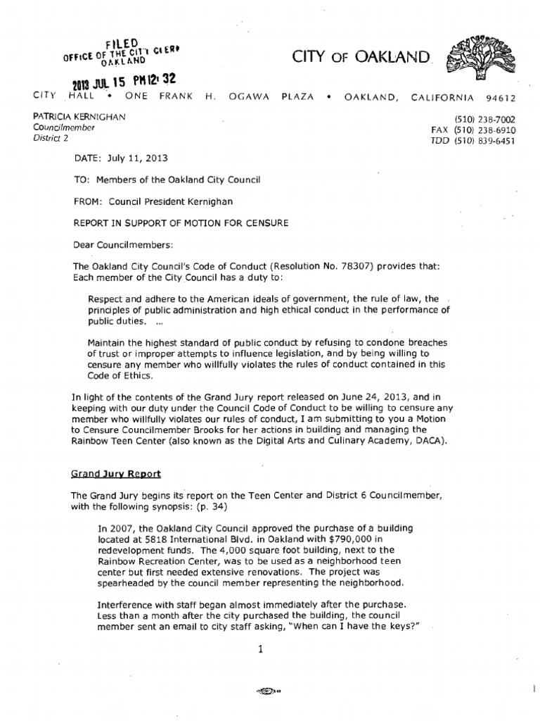 Oakland Council Censure Motion | PDF | Parliamentary Procedure | Employment