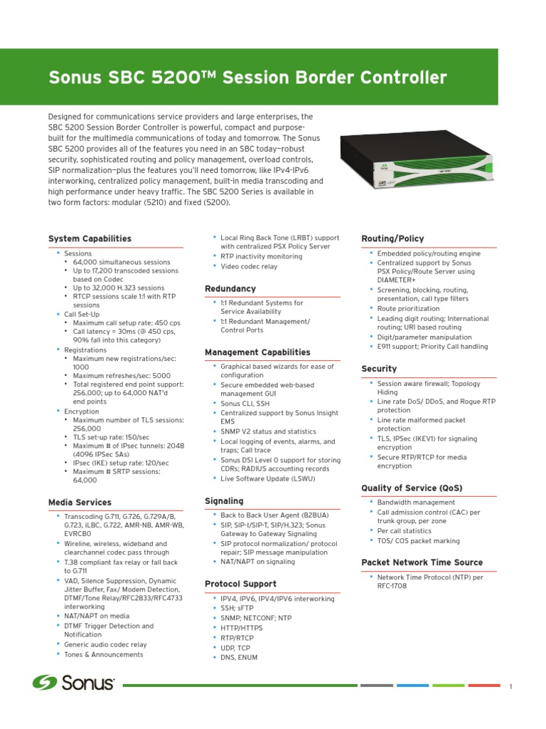 SBC 5200 Datasheet | PDF | Session Initiation Protocol | Internet Standards