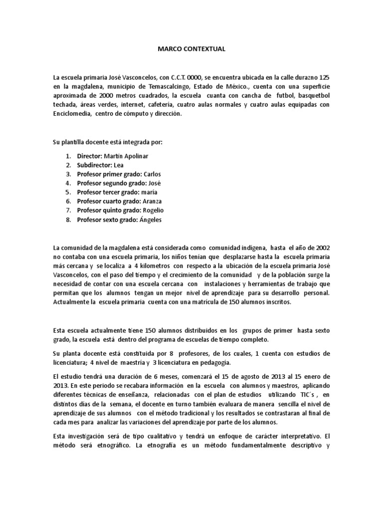 Marco Contextual | PDF | Educación primaria | Etnografía